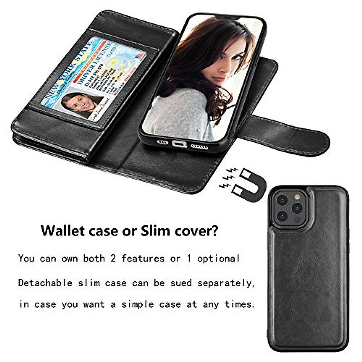 NJJEX Compatible with iPhone 12 Mini Case/iPhone 12 Mini Wallet Case 5.4" (2020), [9 Card Slots] PU Leather ID Credit Holder Folio Flip [Detachable] Kickstand Magnetic Phone Cover & Lanyard [Black]
