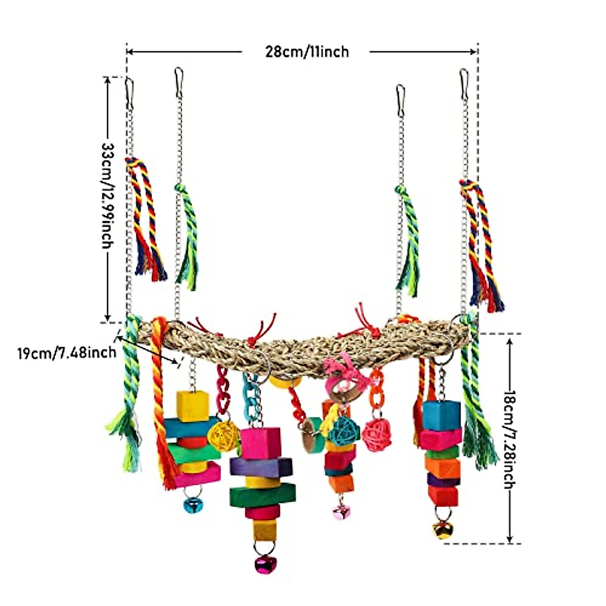 Bird Swing Toys, Bird Foraging Wall Toy, Seagrass Woven Hammock Swing Mat with Colorful Ropes Wooden Chew Toys for Lovebirds, Parakeets, Conures, Cockatiels