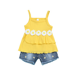 itkidboy Toddler Baby Girls Clothes Ruffle Cami Tank Flower Tops Blouse Denim Shorts Pants Kids Summer Outfit Set(3-4T)