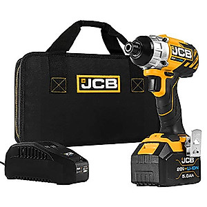 JCB Tools - JCB 20V Cordless Brushless Impact Driver Power Tool - 5.0Ah Battery, Charger, Zip Case - Compact Screwdriver For Home Improvements And Professionals, Decking, Removing Bolts, Long Screws