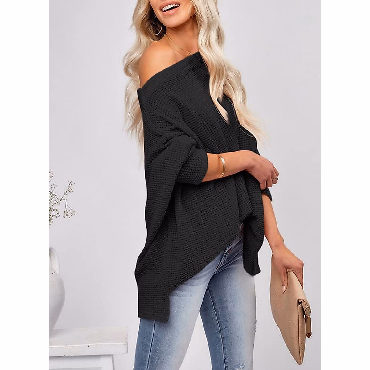 Dokotoo Women's Long Sleeve Waffle Knit Tops Boat Neck Casual Loose Fit Shirts Tunic Off The Shoulder Blouses for Women Fashion 2024 Black Small