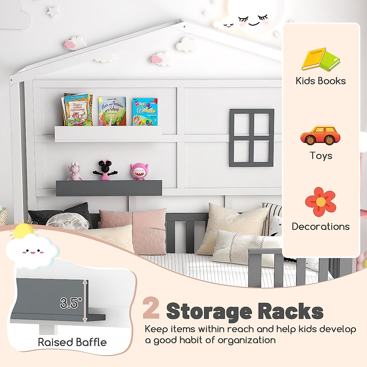 GOFLAME Twin Size House Bed for Kids, Montessori Floor Bed with Roof, 2 Storage Shelves, Rails and Window, Wooden Slatted Playhouse Bed Frame for Boys, Girls, No Box Spring Needed
