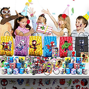 116 PCS Spider and His Amazing Friends Party Favor for Kids Birthday, Spider Superhero Supplies Gifts and Theme Decorations, Classroom Rewards, Include Mask, Slap Bracelet, Bags, Stickers, Keychains