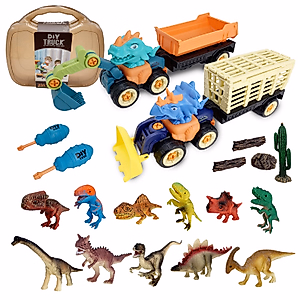 Dinosaur Truck Toys, 2 Pack Dinosaur Truck Carrier Playset with 11pcs Mini Dinosaur Figures, Dinosaur Transport Truck Playset Birthday Party Gifts for Kids