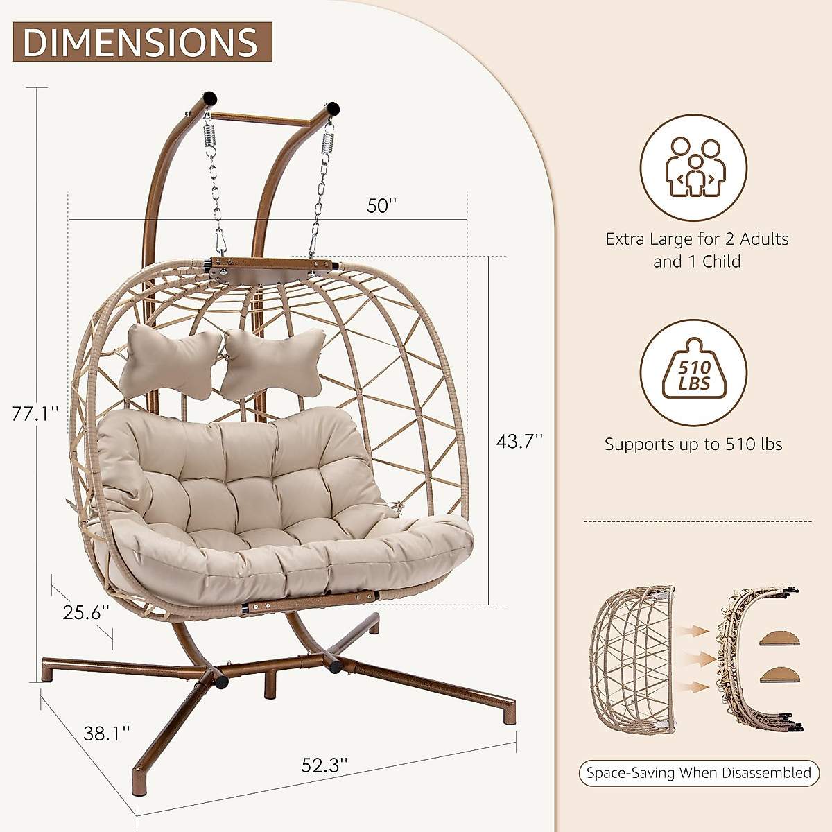 NICESOUL® Indoor Outdoor 2 Person Egg Chair Double Swing Chair with Stand Large Cream Wicker Patio Twins Basket Hanging Egg Chair with Cover 510lbs Capacity for Bedroom Balcony Oversized