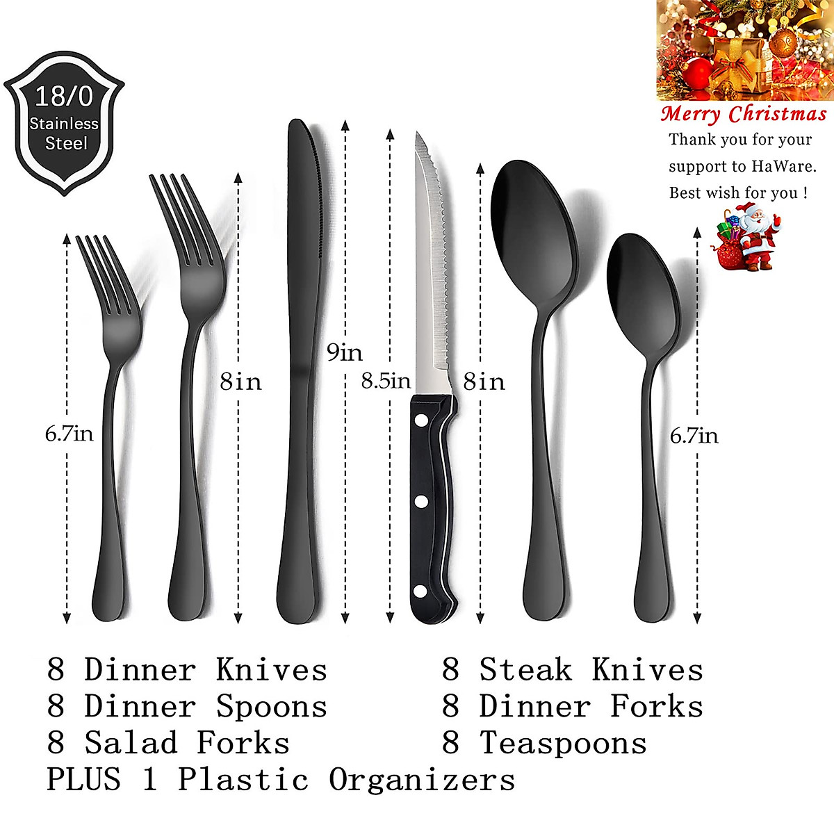 HaWare 49-Piece Black Silverware Set with Flatware Drawer Organizer, Stainless Steel Cutlery with 8 Steak Knives, Modern Eating Utensils Tableware Service for 8, Mirror Polished, Dishwasher Safe
