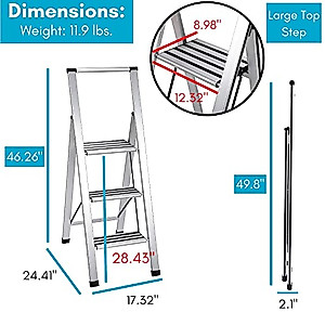 BirdRock Home 3-Step Slim Aluminum Step Ladder - Sturdy Thin Folding Stool - 3 Anti-Slip Steps - Wide Platform - Great for Your Kitchen, Pantry, Closets, or Home Office - Indoor Stool - Silver
