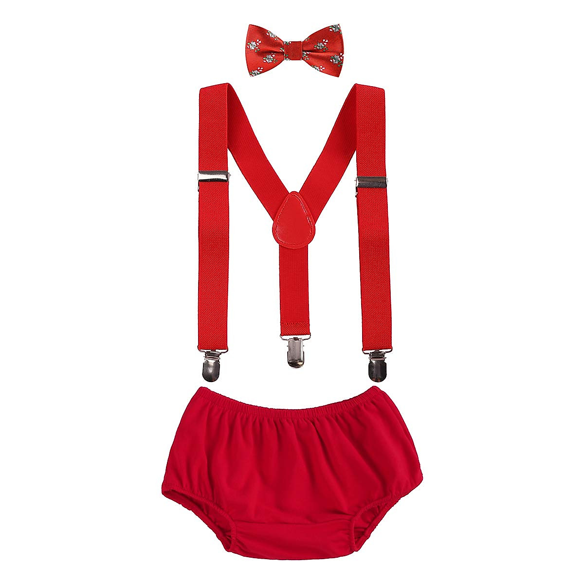Toddler Kids Baby Boys Cake Smash Clothes Diaper Cover Bloomers + Elastic Y-back Santa Tree Suspenders + Bow Tie 3Pcs Set First Christmas 1st 2nd Birthday Outfit for Photo Prop Party Red 3-24M