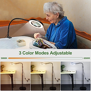 GEYOTAR 10X&5X Magnifying Glass with Light, 3-in-1 Magnifying Floor Lamp, Flexible Goose Neck, 3 Color Modes 10 Levels Dimmable LED Lighted Magnifier Lamp for Home Office Close Wrok Reading Hands Free