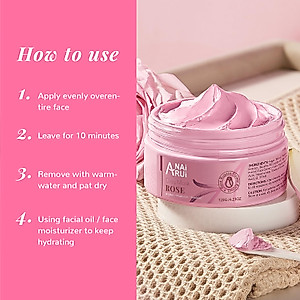 ANAI RUI Rose Clay Facial Mask, with Kaolin Pink Clay, Niacinamide, Collagen, Hyaluronic Acid Moisturizing. Pores Minimizers, Blackhead Remover, 4.23 Oz