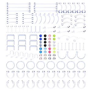 LOLIAS 98PCS Clear Piercing Retainer Septum Nose Studs Flexible Lip Ear Nose Hoop Tongue Ring Nipple Ring Cartilage Tragus Daith Earring Retainer Plastic Industrial Piercing Jewelry for Surgery&Work