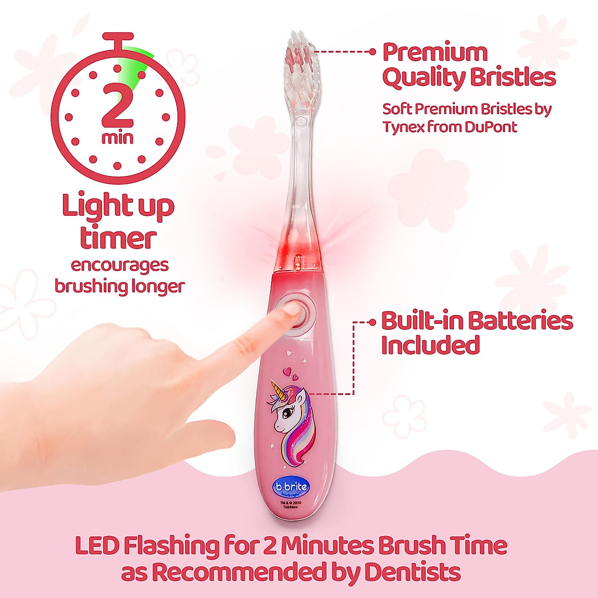 Lily's Home Kids Toothbrush with Flashing Timer with a Cup, Toothbrush Cover and Toothbrush Holder. Unicorn