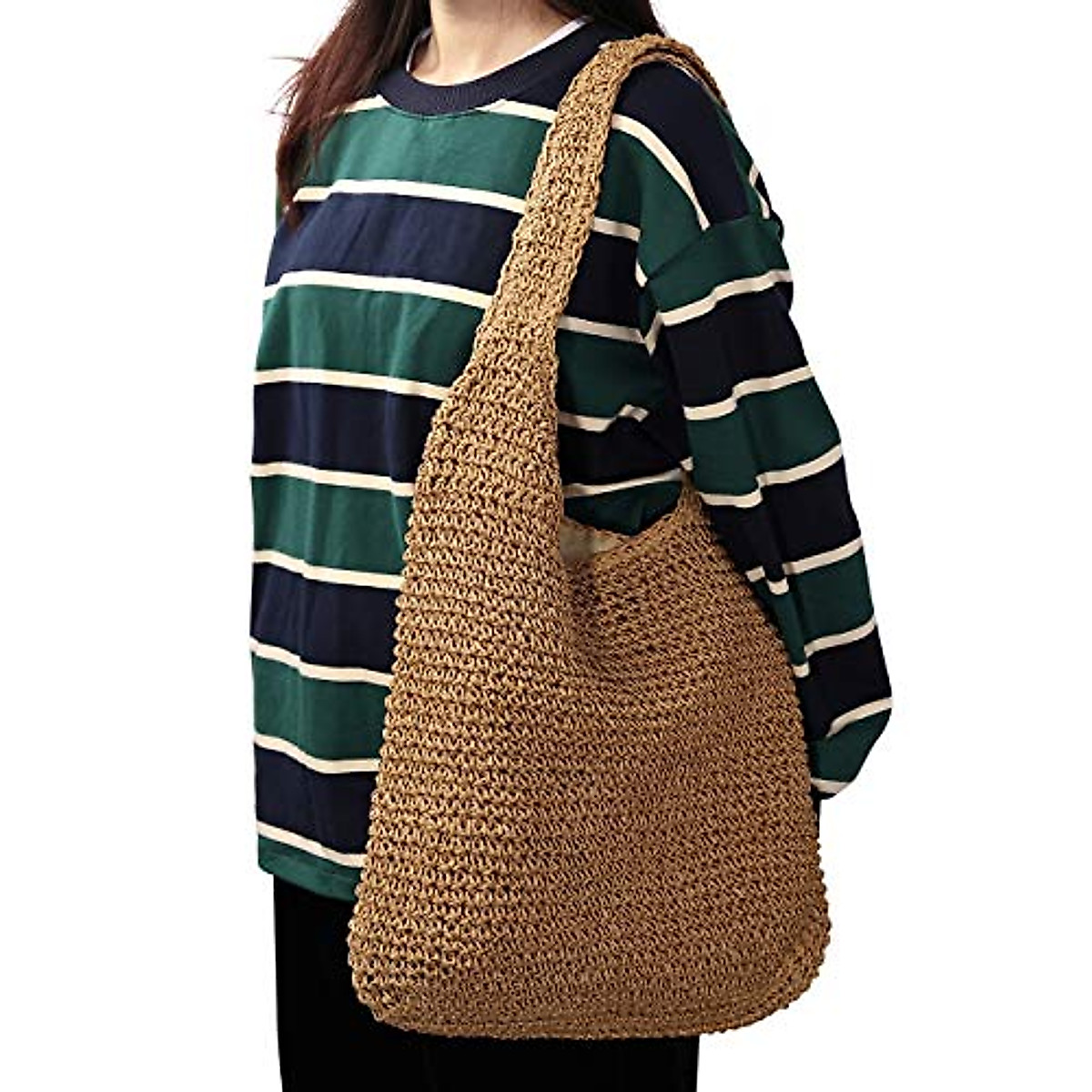 Ayliss Women Straw Woven Summer Beach Bag Tote Shoulder Handmade Weaving Handbag (Khaki #1)