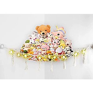 Stuffed Animal Toy Hammock Macrame With String Light Hanging,Stuffed Animal Organizer Wall Corner Toy Storage Holder Stuffed Animal Display,Bohemian Tassel style Kid Nursery living Roombedroom Decoration