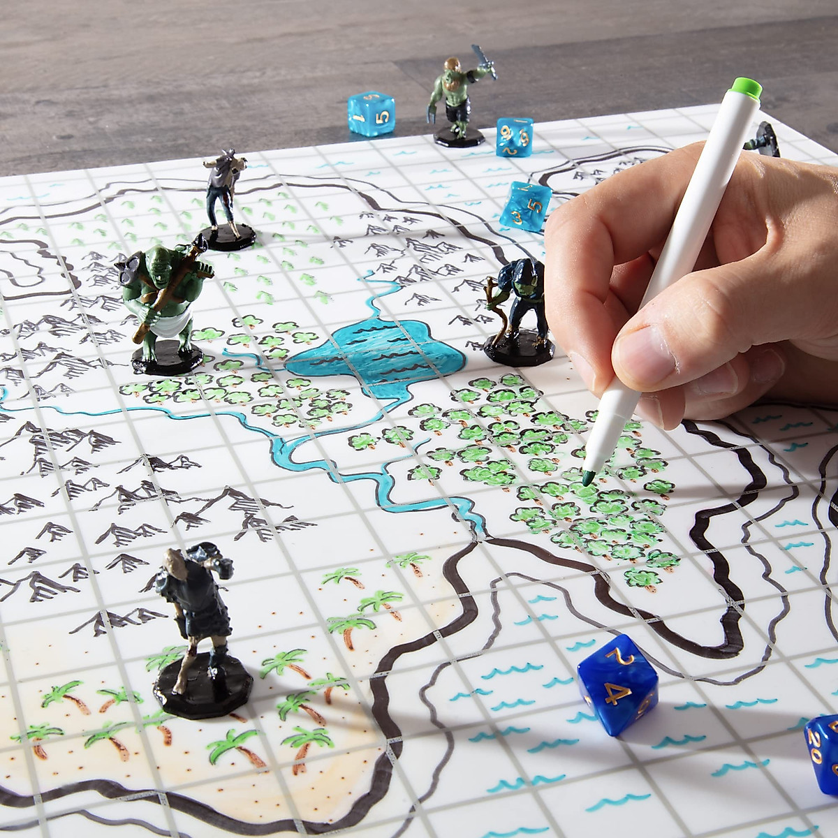 Double-Sided Role Playing RPG Game Mat- Reversible Silicone Battle Matte Grid w Hexes and Squares- XL 20"x20"-Foldable, Rollable, Wet Eraseable - Made for D&D Dungeons Dragons, Pathfinder and More