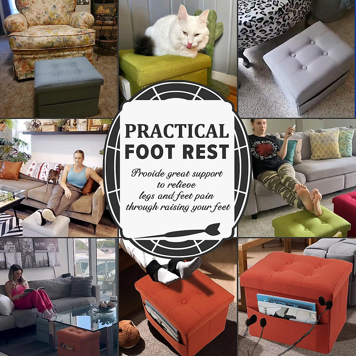 LINMAGCO Storage Ottoman Folding Foot Stool Ottoman Foot Rest with Side Pocket Modern Ottoman with Storage Short Sofa Stool Linen Cloth 17x13x13(Orange)