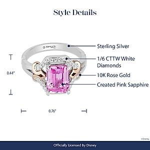 Jewelili Enchanted Disney Fine Jewelry Sterling Silver and 10K Rose Gold with 1/6 Cttw and Created Pink Sapphire Aurora Ring, Size 9
