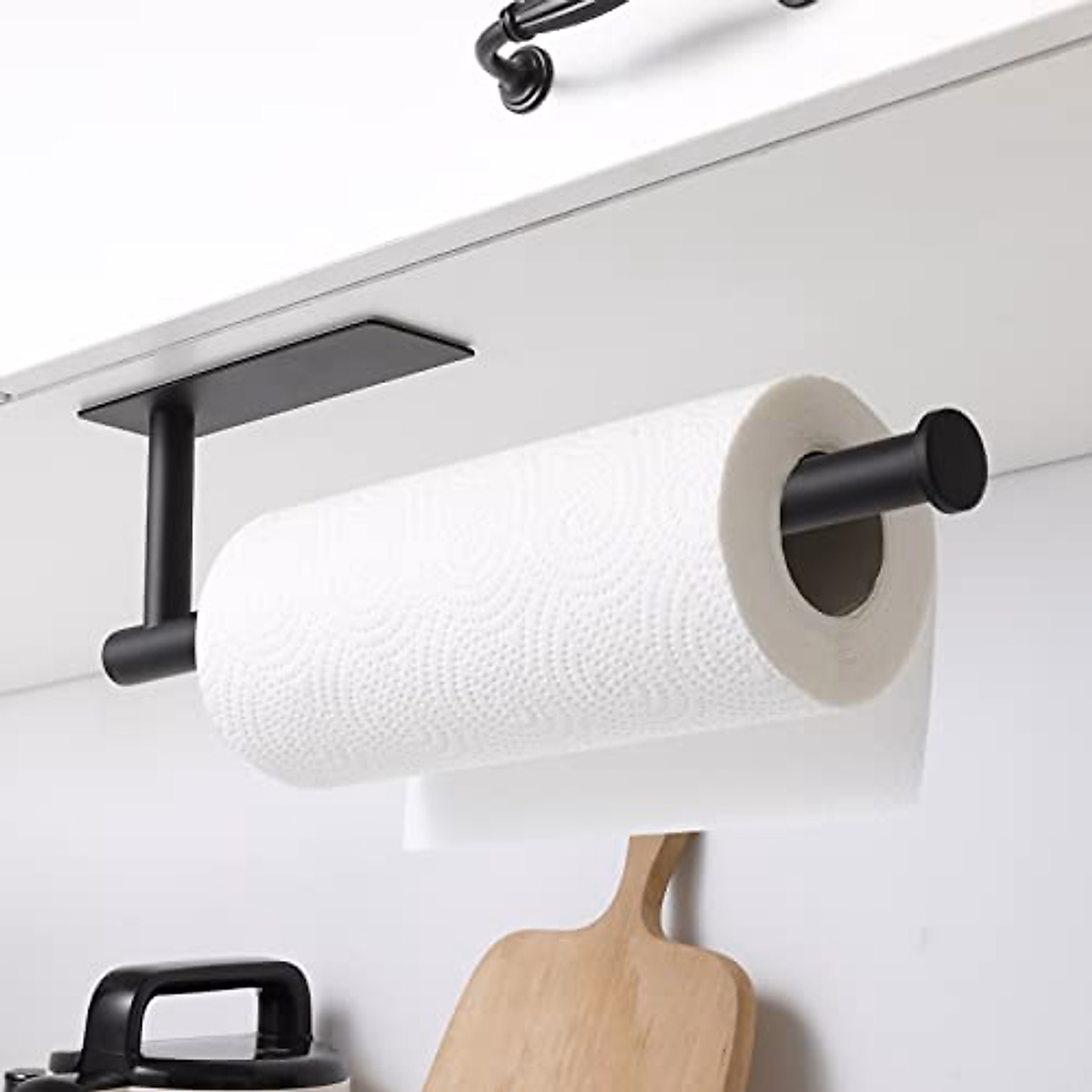 theaoo Paper Towel Holder - Under Cabinet Paper Towel Holder for Kitchen, Adhesive Paper Towel Roll Rack for Bathroom Towel, Wall Mounted Matte Black Paper Towel Rack, SUS304 Stainless Steel
