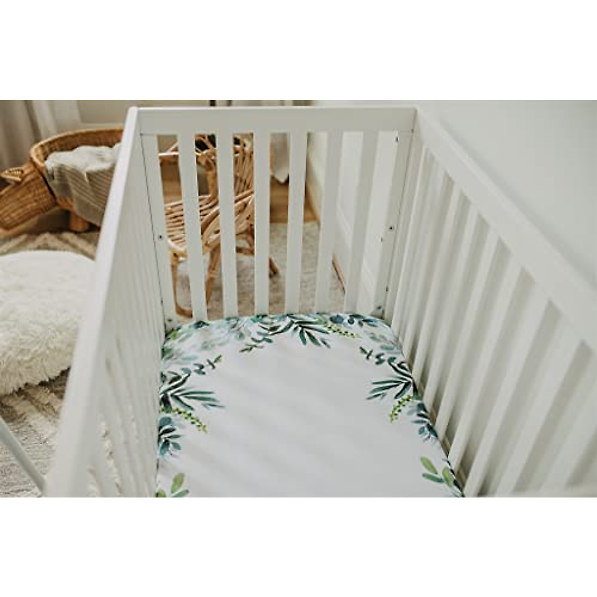NODNAL CO. 3 Fitted Leafy Mini Crib Pack n Play Playard Portable Crib Sheets Set - 100% Oeko-TEX Cotton Baby Girl/Boy Nursery Bedding - Gender Neutral Floral Leaves Travel Pack and Play Playpen Sheet