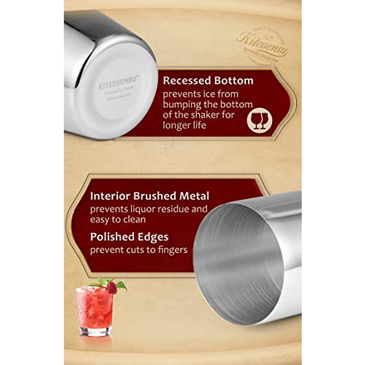 KITESSENSU Cobbler Cocktail Shaker - 24oz Martini Shaker with Strainer - Premium 18/8 Stainless Steel Drink Mixing Shaker with Recipes Booklet - Silver