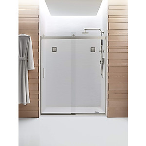 KOHLER Levity® Sliding Shower Door, 74-in H X 56-5/8 - 59-5/8-in W, with 1/4-in Thick Crystal Clear Glass with vertical blade handles, Anodized Dark Bronze