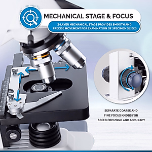 AmScope B120B-WM Siedentopf Binocular Compound Microscope, 40X-2000X Magnification, Brightfield, LED Illumination, Abbe Condenser, Double-Layer Mechanical Stage, Includes Book
