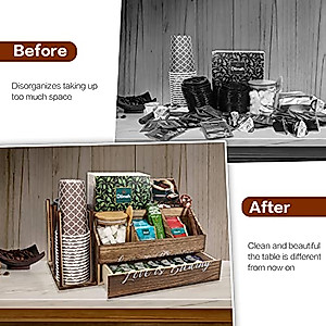Coffee Station Organizer - Wooden Coffee Bar Organizer for Countertop Office Coffee Organizer Station with Drawer Farmhouse Coffee Bar Decor for Coffee Capsule Pod, Sugar, Cups, Tea Bag (Burnt Wood)