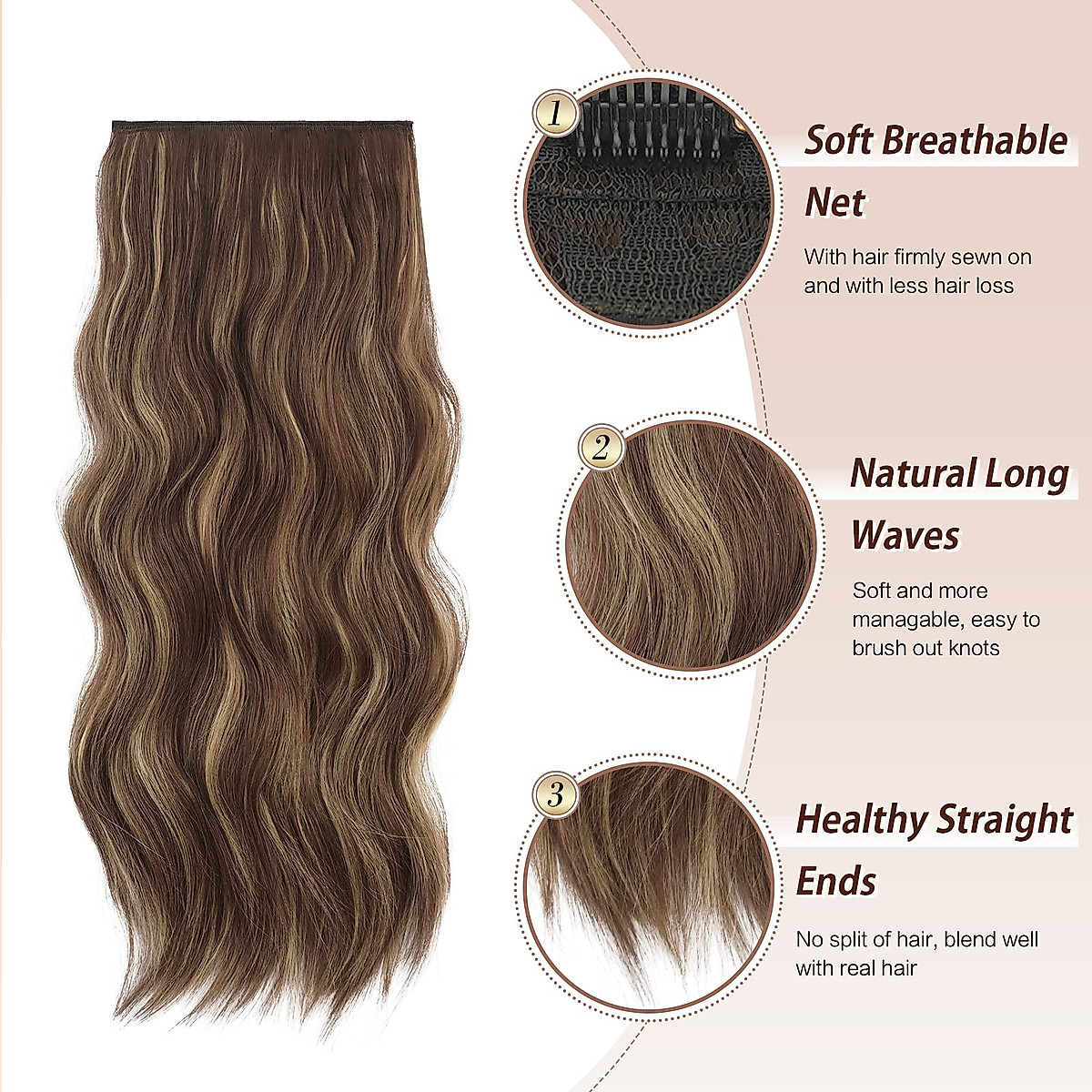 FESHFEN Clip in Hair Extensions 4 PCS Long Wavy Thick Highlighted Hair Piece Clip in Extensions Synthetic Hair Extension for Women, Blonde Highlighteded Medium Brown 20 Inch