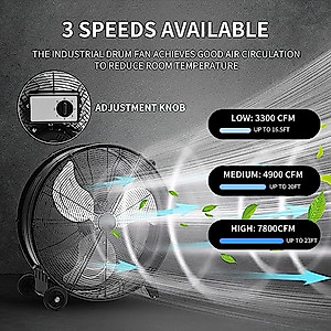 COSTWAY Industrial Drum Fan, 24 Inch 3-Speed Barrel High-Velocity Air Circulator Fan with Built-in Wheels & Aluminum Blades, Portable Heavy-Duty Metal Floor Fan for Garage, Warehouse, Workshop, Black
