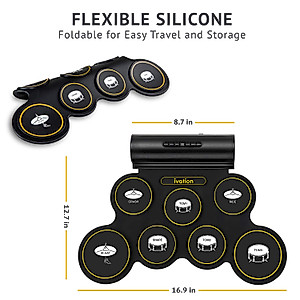 Ivation Portable Electronic Drum Pad - Digital Roll-Up Touch Sensitive Drum Practice Kit - 7 Labeled Pads 2 Foot Pedals Kids Children Beginners (with Speaker and Built in Rechargeable Battery)