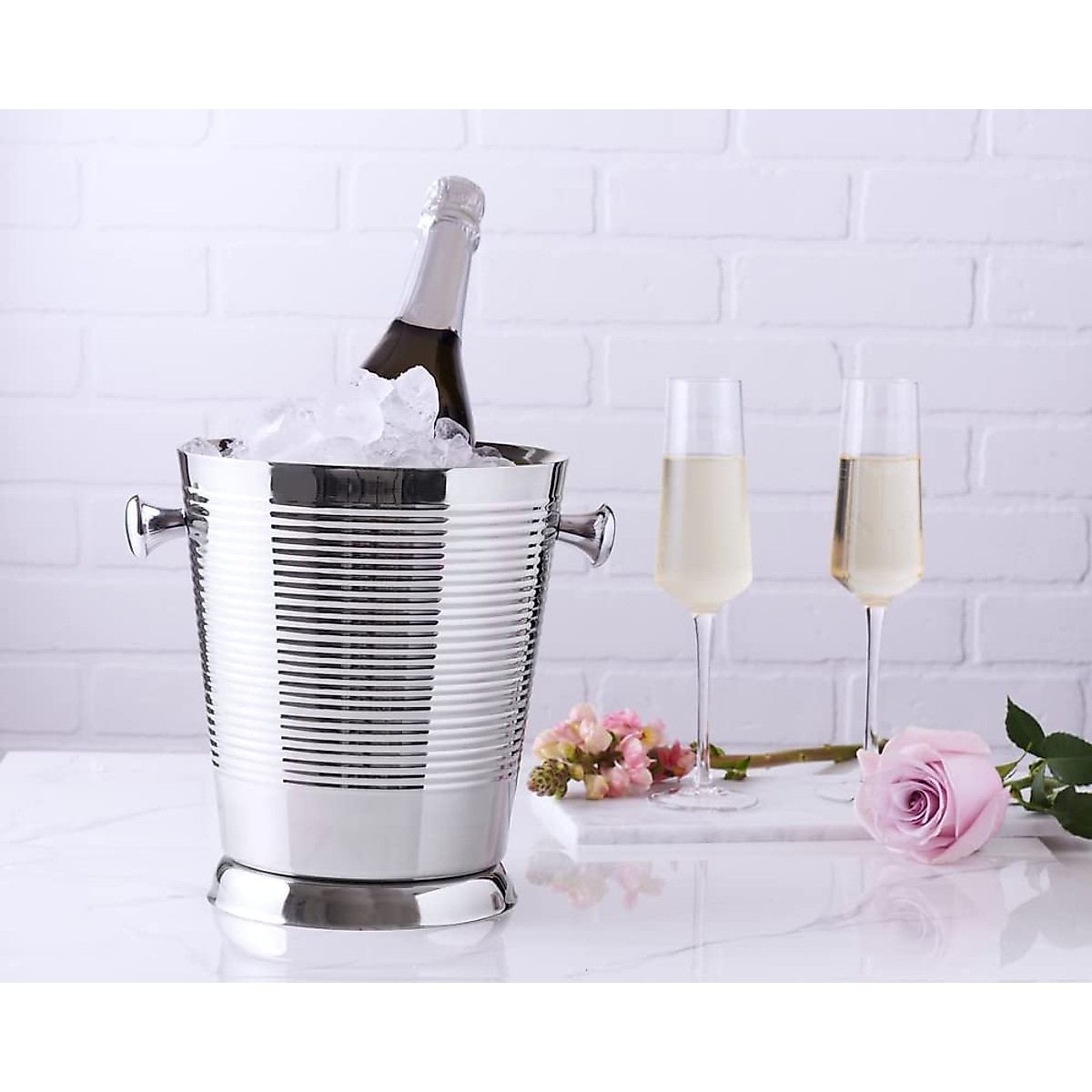 Sol Living Champagne Bucket - Double Wall Insulated Stainless Steel - Wine & Champagne Holder - Portable Chiller Bin for Bars, Parties, Commercial Use - Ribbed, 3.6 Qt