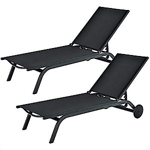 Tangkula Outdoor Aluminum Chaise Lounge, Patio Lounge Recliner Chair w/6 Adjustable Backrest, Reclining Chaise Chair with Wheels for Beach, Yard, Balcony, Poolside (2, Black)