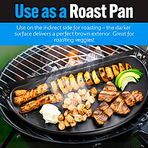 SnS Grills Slow ‘N Sear Porcelain Drip 'n Roast Pan for Kettle Grilling, All-in-One Carbon Steel with Black Porcelain Coating Drip and Roast Accessory - 22” Grill Fit