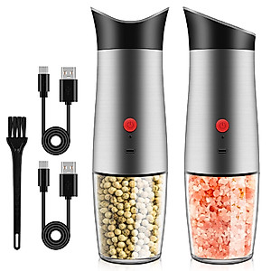 MOVNO Salt and Pepper Grinder Set USB Gravity Electric, Pepper Grinder Refillable Rechargeable, Salt and Pepper Mill, Automatic Powered with Ceramic Grind LED Light, Auto Peppercorn Shaker-Set of 2