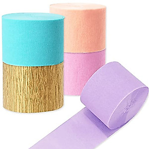 Whaline 5 Rolls 410ft Crepe Paper Streamers Each Roll 82Ft, Gold Pink Candy Color Party Streamers for Wedding Ceremony Baby Bridal Shower Bachelorette Birthday Unicorn Party Decorations (1.8 Inch)