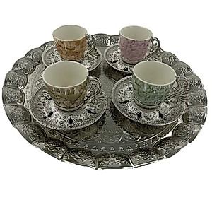 Serving Tray, Coffee Tea Serving Metal Wavy Round Tray 14''(Inches) | Mr Zoni (Silver)