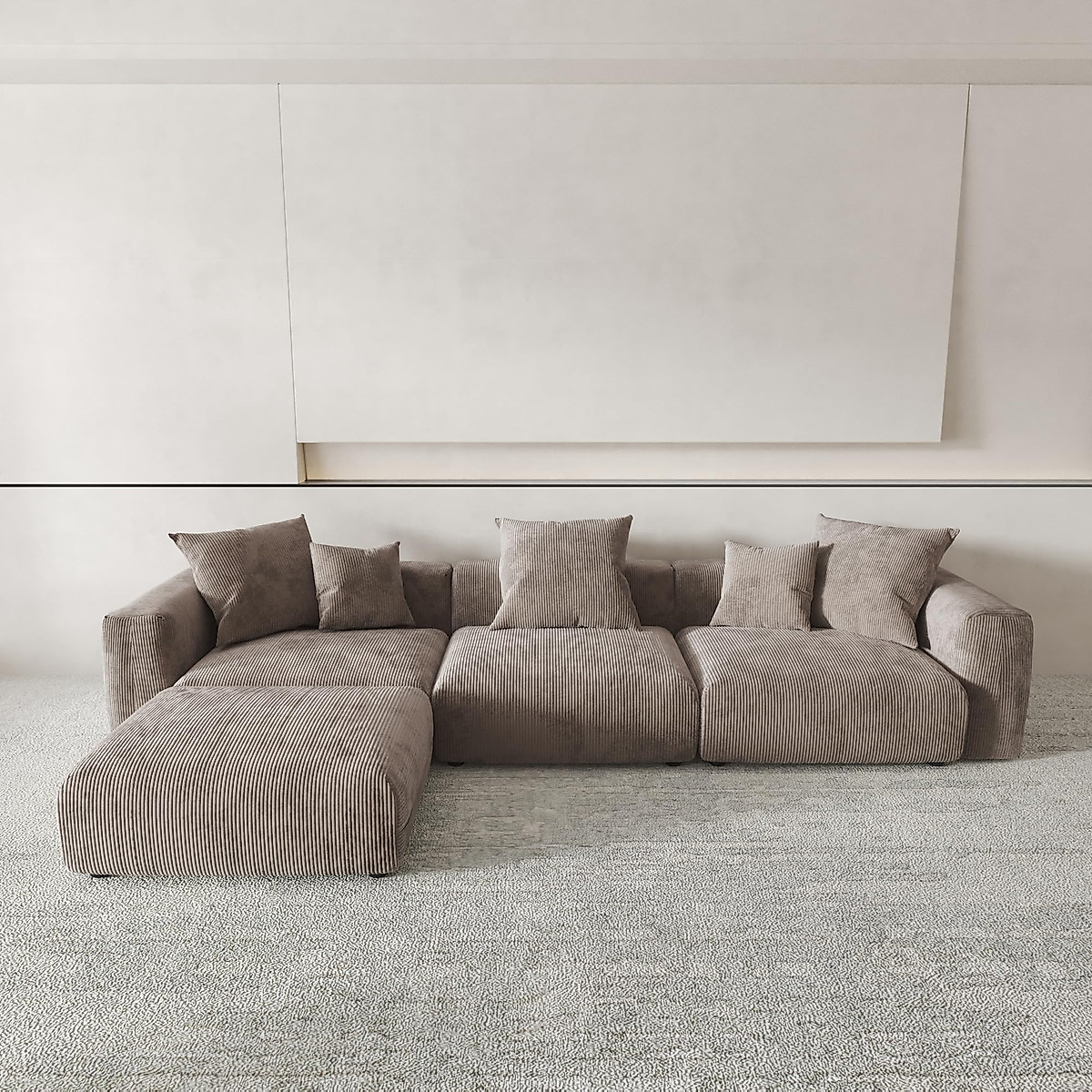 Sdorens 141.73" Modular Sectional Sofa, L Shaped Sofa Couch with Ottoman, Corduroy Fabric Brown Sofa Couch with 5 Pillows, Oversized Sofa Set for Living Room