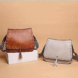 Women Shoulder Crossbody Purse with Wide Guitar Strap, Tassel Design Handbags Vintage Satchel Purse, Off White