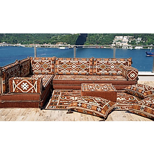 8" Thickness Brown Corner Floor Seating Set, Pallet Cushion Set, Modular Design Floor Cushion, Garden Sofa Set, Indoor Sofa Set, Futon Sofa Bed (L Sofa Full Set)