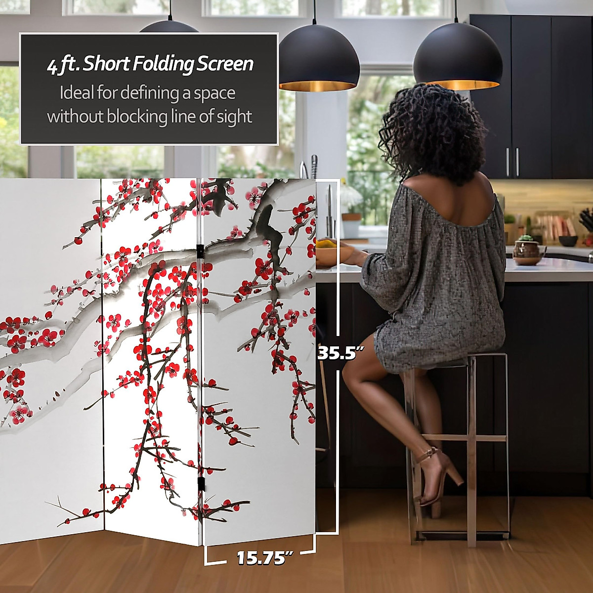 Red Lantern 4 ft. Short Double Sided Plum Blossom Canvas Folding Screen 6 Panel Freestanding Partition and Separator for Modern and Contemporary Bedroom, Home Office, Studio, Dorm, Apartment