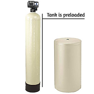 Fleck 64k 1 Inch Whole House Water Softener System 5600sxt Digital Meter Grain-Includes Bypass Valve & brine Tank with Safety Float, Almond High Capacity Resin