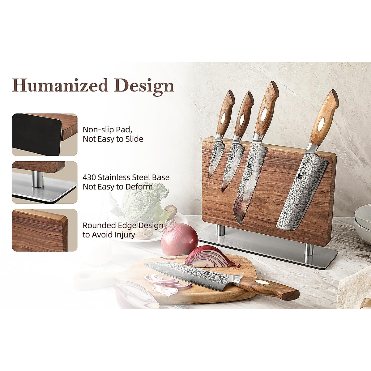XINZUO Magnetic Knife Block,Natural Walnut Knife Holder Stand for Counter Top,with Strong Magnets,Double Sided Kitchen Knife Storage Rack