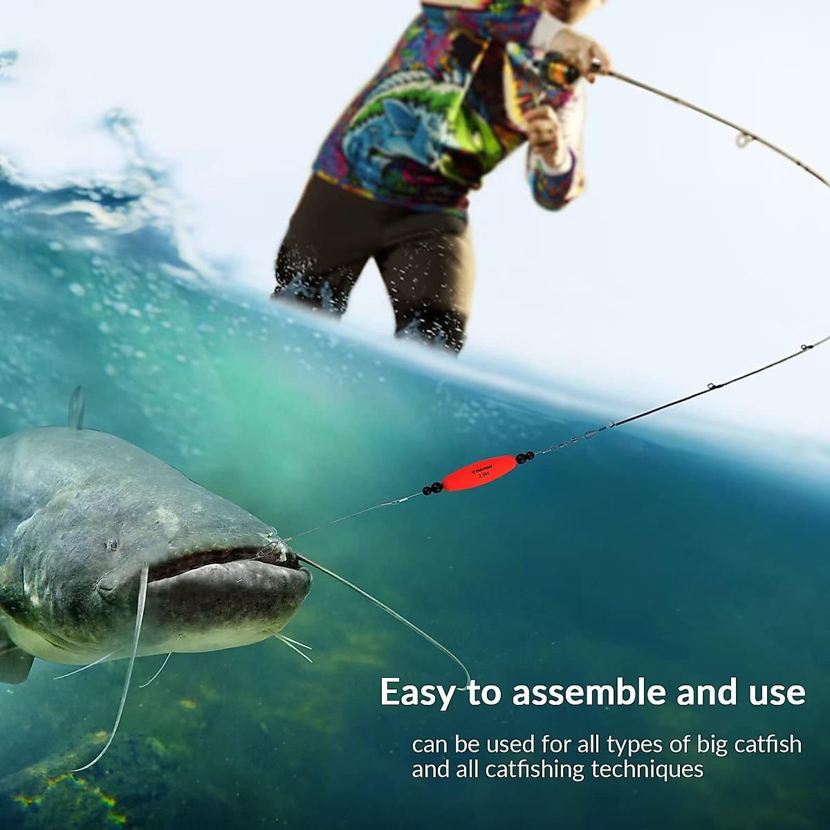 THKFISH Catfish Float Rigs,Catfish Rattling Line Float for Santee Rig,Catfish Tackle Rattling Cork EVA Foam Peg Floats Bait Rigs, Bobbers with Double Hooks 4PCS 2.5in 3in