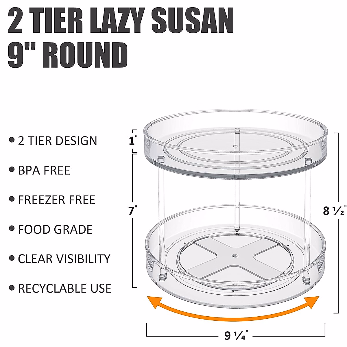 FIVOF Lazy Susan Round Plastic Clear Rotating Turntable Organization Storage Container Bins for Cabinet Pantry Fridge Kitchen Vanity Spinning Organizer for Spices Condiments (2-Tire-1-Pack, 9 inch)