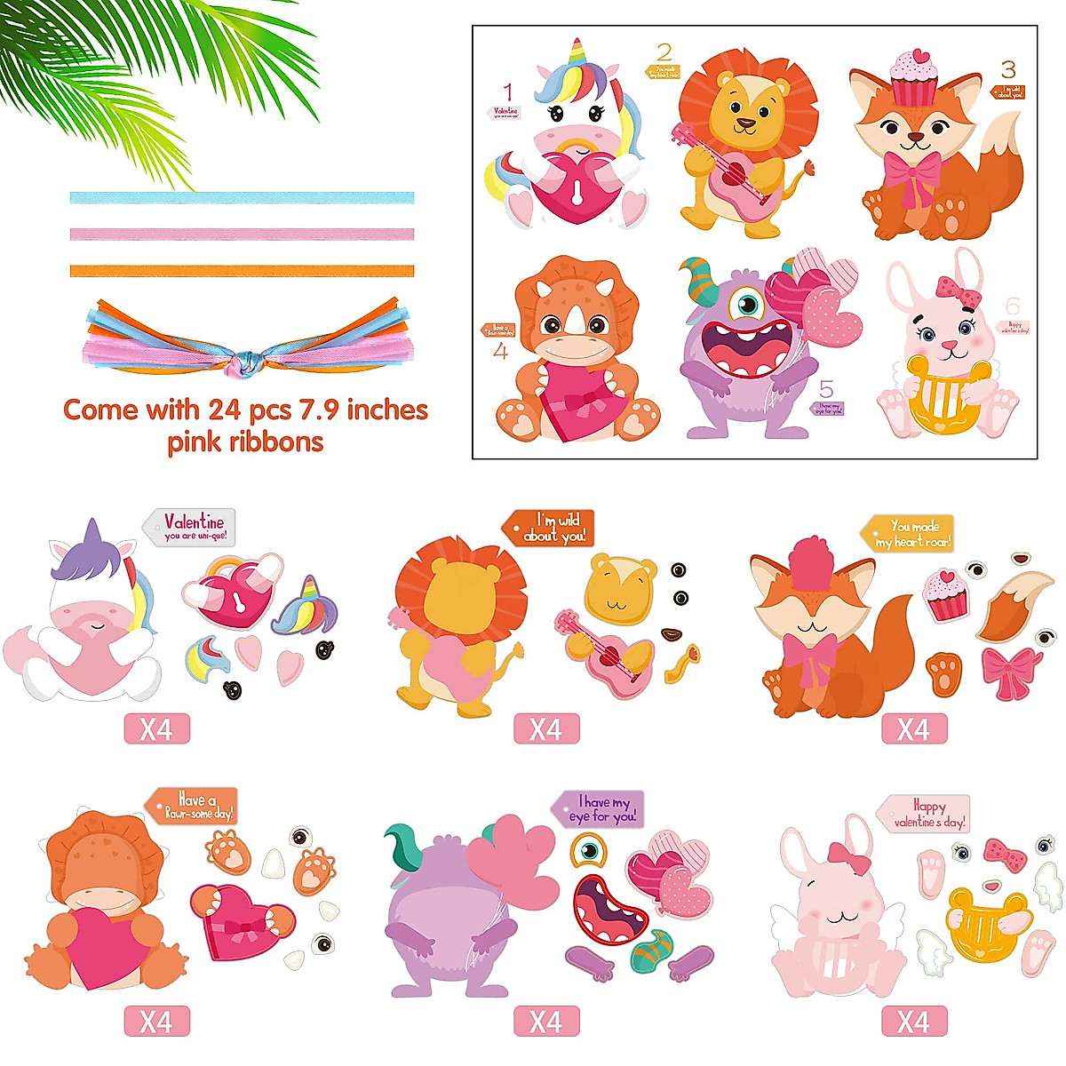 Gersoniel 24 Sets of Valentines Day Craft Kits Valentines Ornament DIY Animals Crafts Valentine DIY Ornaments Stickers for Kids Valentine Class Game Activities and Valentines Day Decorations,6 Styles