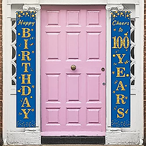 Happy 100th Birthday Porch Sign Banner Decor Blue – Cheers to 100 Years Old Party Theme Decorations for Men Women Supplies