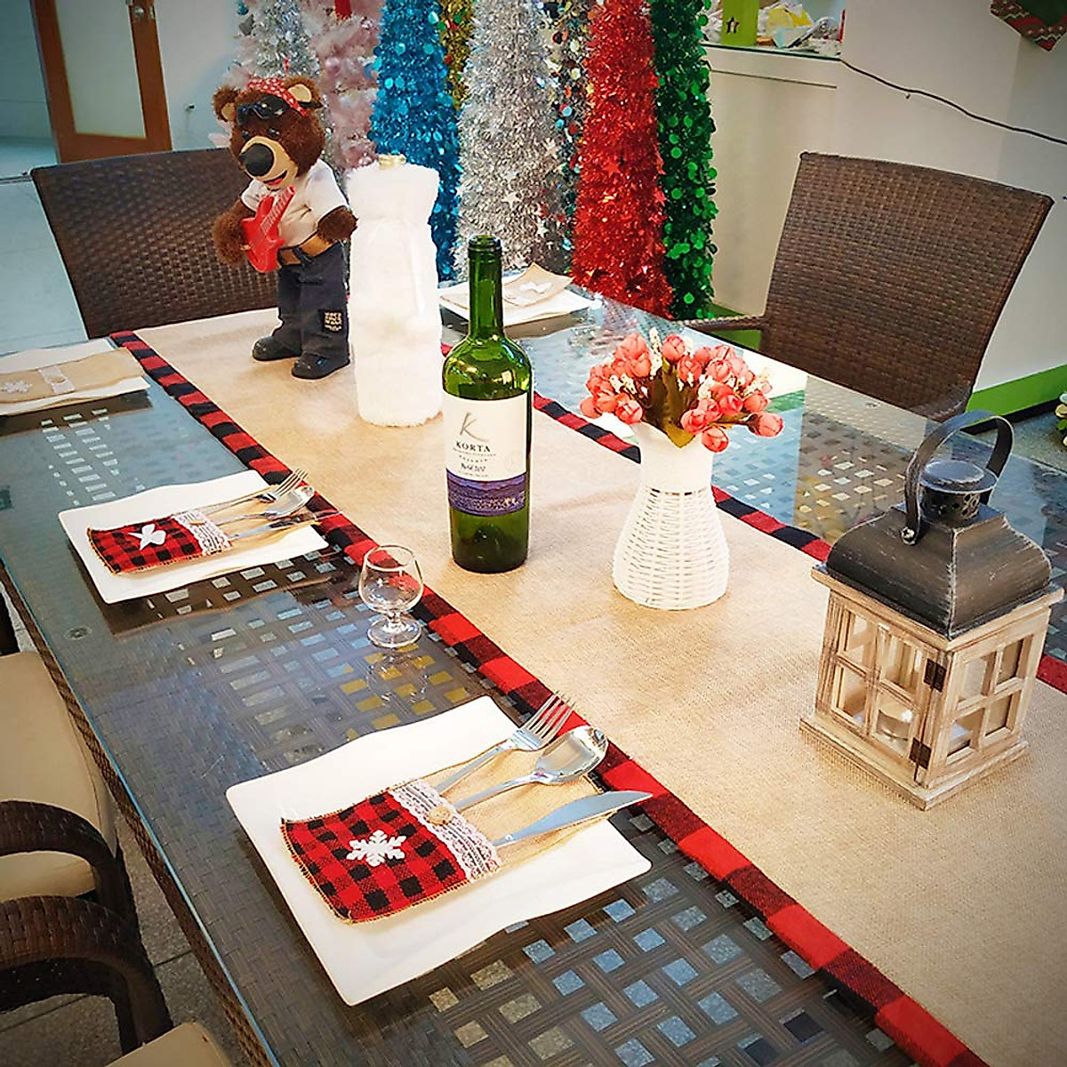 LXKBD Natural Burlap Cutlery Holder Pouch Bag, 20 Packs 4.3x8 Inch Lace Knifes Forks Napkin Utensil Silverware Holders for Christmas Wedding Party Table Decoration