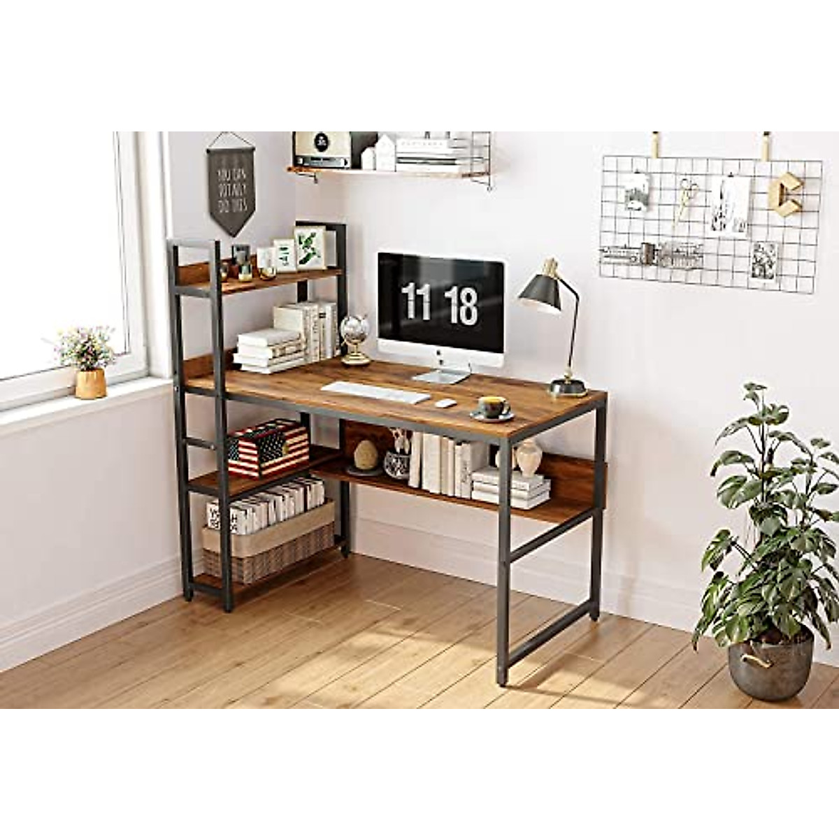 Cubiker Computer Desk 47 inch with Storage Shelves, Home Office Desk, Study Writing Work Table, Modern Simple Style, Deep Brown