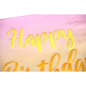 Happy Birthday Napkins - 50 Pack Pastel Metallic Birthday Disposable Paper Napkins with Gold Foil Printing on Pink Yellow Blue Ombre Gradient for Cocktail Party Supplies - 6.5" x 6.5" inches