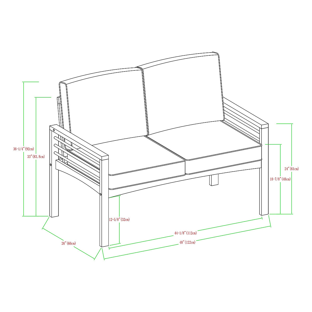 Walker Edison 2 Person Outdoor Patio Modern Wood and Metal Loveseat with Washable Cushions All Weather Backyard Conversation Garden Poolside Balcony, 48 Inch, Dark Brown and Grey